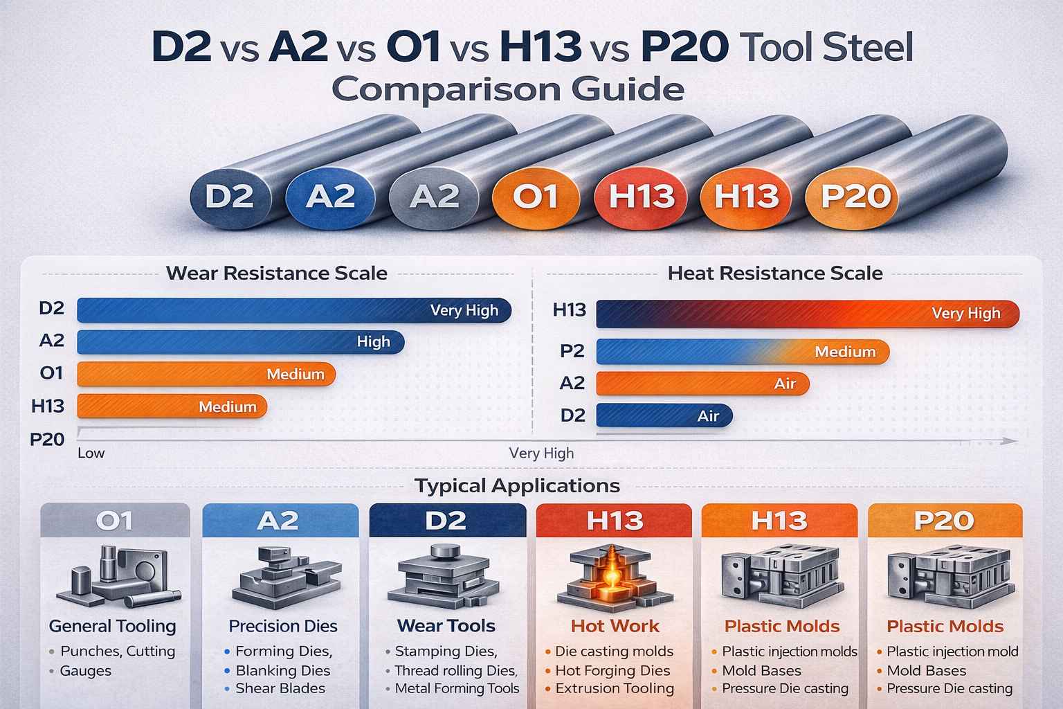 D2 vs A2 vs O1 vs H13 vs P20 Tool Steel – Differences & Uses
